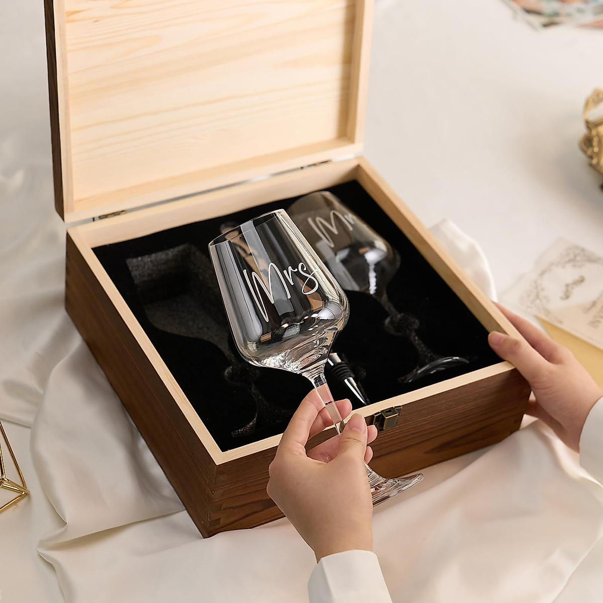 AW BRIDAL Mr & Mrs Wine Glasses Set of 2, Wedding Gifts Bridal Shower Gifts Engagement Gifts Wedding Gifts for Couples Bride - Wine Opener Wine Stopper with Engraved Wooden Keepsake Box