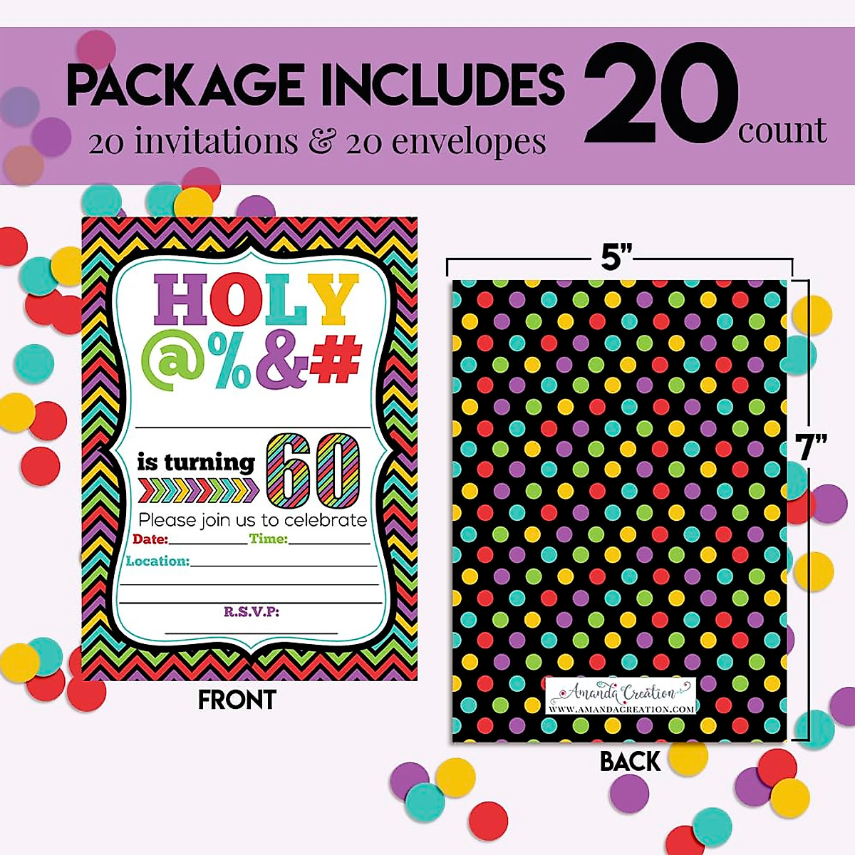 HOLY @% 60th Birthday Party Invitations, 20 Funny 5x7 Fill In Cards with Twenty White Envelopes for Milestone Birthdays by AmandaCreation