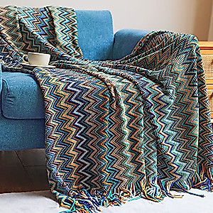 Boho Throw Blankets Outdoor Knitted Tassel Blankets, Super Soft Cozy Lightweight Couch Decorative Bohemian afghans Throw Blankets, Bed, Sofa, Outdoor Throw Blanket - All Seasons (Blue 50x60 Inch)