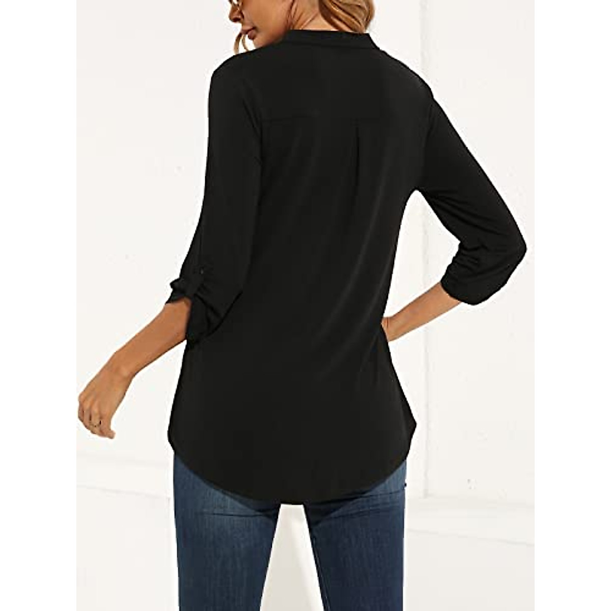 Zattcas Womens Floral Printed Tunic Shirts 3/4 Roll Sleeve Notch Neck Tunic Top,Solid Black,XX-Large