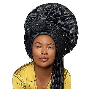 Nigerian Headtie African Head Wraps Already Made Auto Gele African Turban Cap For Party (Black)