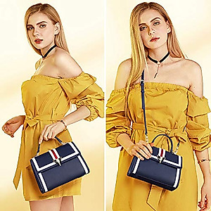 Leather Crossbody Bags for Women, Genuine Leather Mix Color Design Ladies Fashion Satchel Handbag with Adjustable Shoulder Strap Womens Casual Top Handle Bag Women's Messenger Purse and Handbag (Blue)