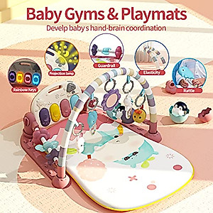 Jovow Baby Gym with Kick and Play Piano,Baby Play Mat Tummy Time Baby Activity Gym Mat with 5 Infant Learning Sensory for Baby, Music and Lights Boy or Girl Gifts for Newborn（Pink）