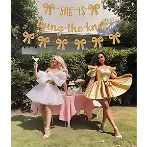 She Is Tying The Knot Bow Bridal Shower Party Banner Garland for Golden Coquette Bachelorette Party Decorations,Glitter Bow Theme Party Decor Supplies