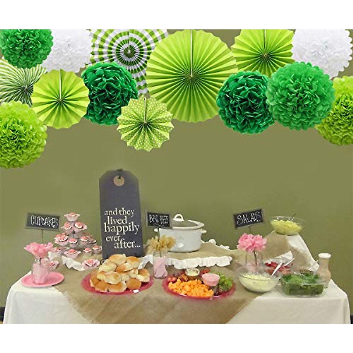 Green Hanging Paper Party Decorations, Round Paper Fans Set Paper Pom Poms Flowers for Birthday Wedding Graduation Baby Shower Events Accessories
