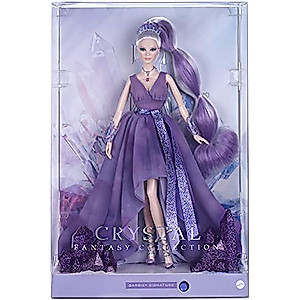 Barbie Crystal Fantasy Collection Amethyst Doll (13-in, Platinum Hair) with Genuine Amethyst Stone Necklace, Wearing Gown and Accessories, Gift for Collectors