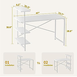 CubiCubi Small Computer Desk with Storage Shelves, 47 Inch Home Office Desk Study Writing Table for Small Space, White