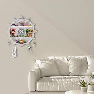 FNYDOX Large 15.1” Crystal Shelf Display for Wall with Hooks, Wooden Moon Shelf for Wall, Rock Gem Stone Display Shelf Wall Mounted - White