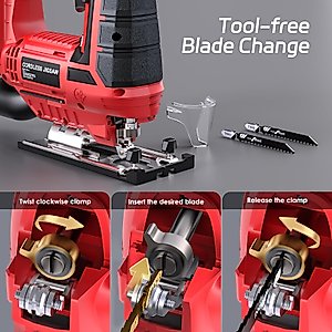Jig Saw - 20V Cordless Jigsaw with Battery and Charger 2700 SPM Rechargeable Jigsaw with 10pcs Cutting Blades Bevel Angle (±45°) Variable Speed and 4 Orbital Function for Straight/Curve/Circle Cutting