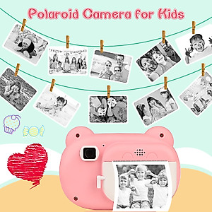 Instant Print Camera for Kids, Kids Camera with 3 Rolls Print Paper 1080P Kids Digital Camera 1600 mAh 32GB SD Card Toy Gifts for Birthday Christmas Holiday Children's Day (Pink)