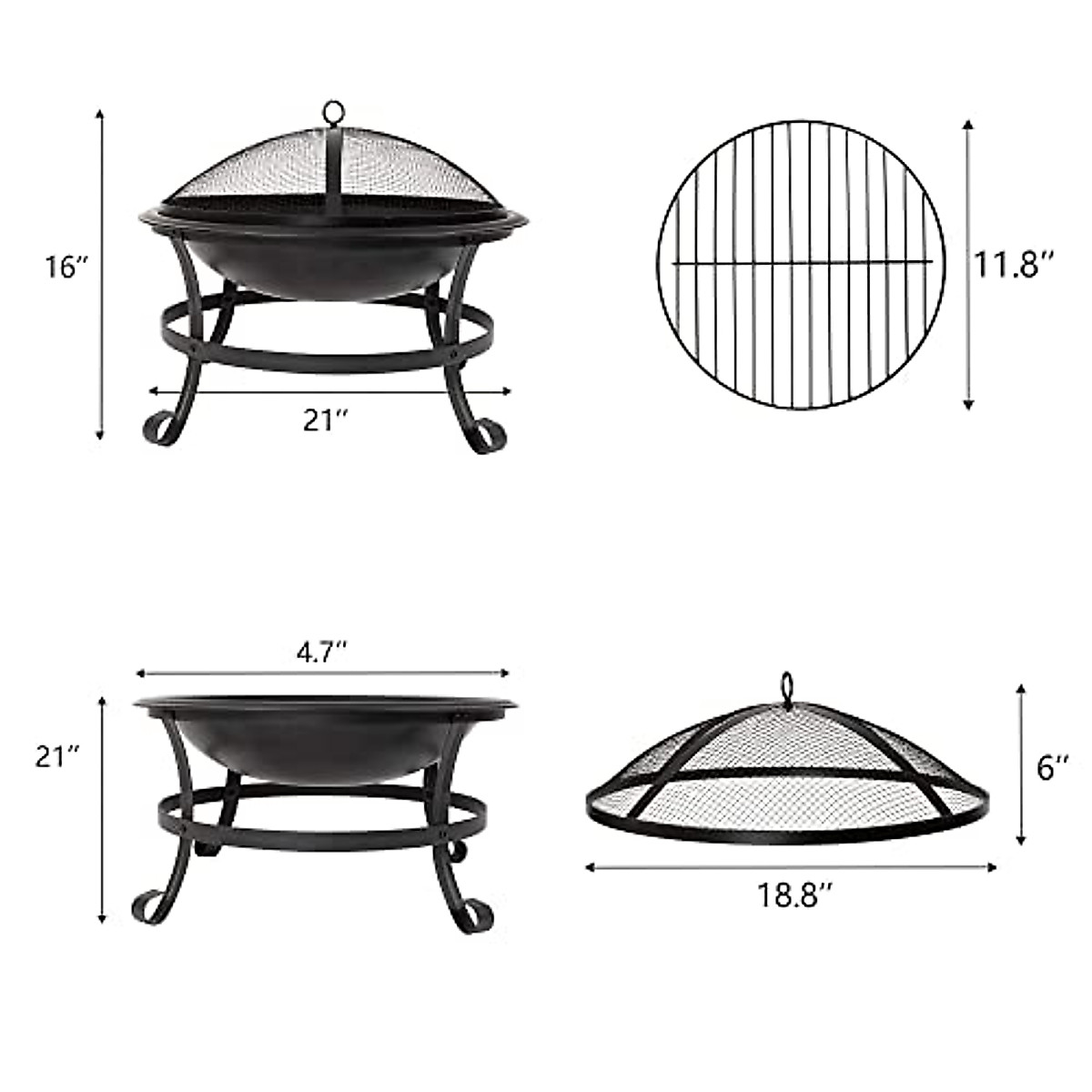 22” Fire Pit Portable Folding Steel Fire Bowl Wood Burning, BBQ Grill w/Mesh Spark Screen Cover Log Grate and Poker for Backyard, Camping, Picnic, Garden