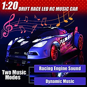 unanscre Light Up Remote Control Car for Kids, LED RC Cars with Music, 1/20 Cool Shell Race Drift Car Toys for Toddlers Boys Girls Age 6+