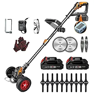 JIECO Cordless String Trimmer, Weed Wacke 24V Grass Trimmer with 2 PCS 2.0Ah Batteries and 3Types Blades, Wheel Weed Eater for Lawn, Yard，Garden and Bush Trimming ,Black, Red