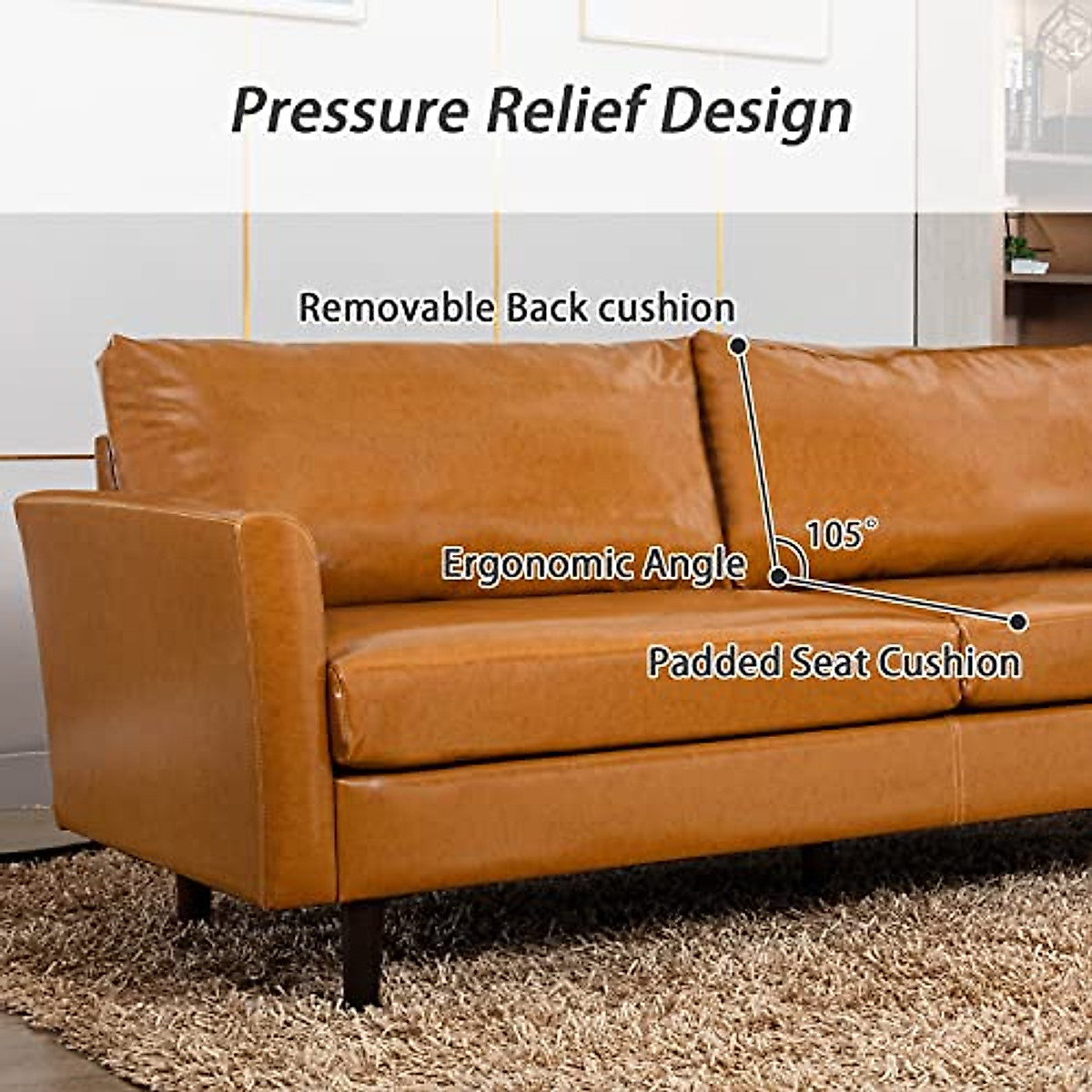 Dreamsir 80'' Faux Leather Sofa Couch, Mid-Century Modern Sofa with Solid Wooden Frame & Padded Cushions, 3-Seater Couch for Living Room, Apartment, Lounge Room (Camel)