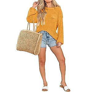 Danedvi Womens Long Sleeve Oversized Sweater Tops Crewneck Ribbed Knit Pullover See Through Lightweight Crochet Jumper Orange