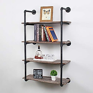 Industrial Pipe Floating Shelves,4 Tiers Wall Mount Bookshelf,30in Rustic Wall Shelves,DIY Storage Shelving Wall Shelf,Rustic Wall Shelving Unit,Wall Book Shelf for Home Organizer,Black Brushed Silver