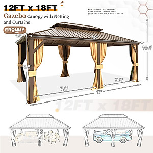 EROMMY 12'x18' Hardtop Gazebo,Galvanized Steel Double Roof Metal Gazebos with Curtain and Netting, Brown Permanent Pavilion Canopy with Aluminum Frame for Patios,Gardens,Lawns