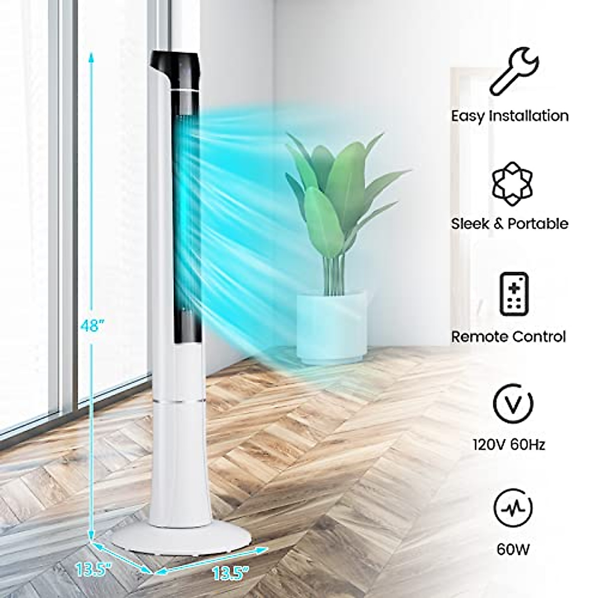 Tangkula 48-Inch Tower Fan with Remote Control, Quiet Bladeless Tower Fan w/ 3 Speeds, 3 Modes, 1-15H Timer & LED Display, 80° Oscillating Floor Standing Fan, Portable Circulating Fan for Home Office