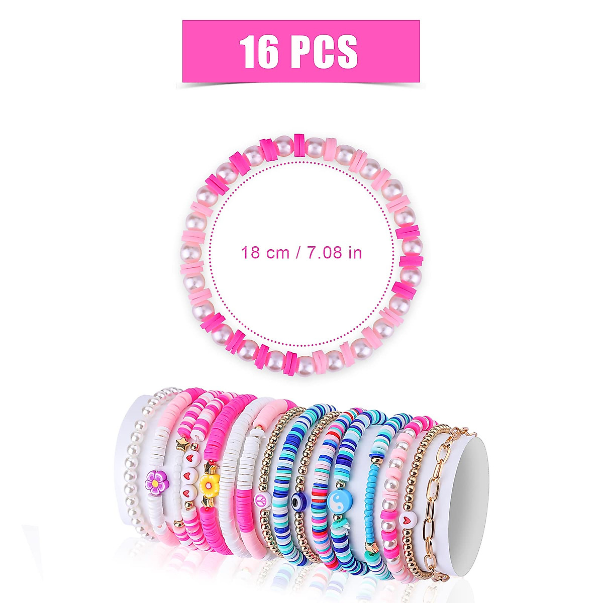 KINBOM 16pcs Preppy Bracelets, Colorful Y2K Heishi Jewelry Girls' Charm Bracelets Aesthetic Boho Beaded Stretch Bracelet Summer Beach Jewelry Stuff for Women