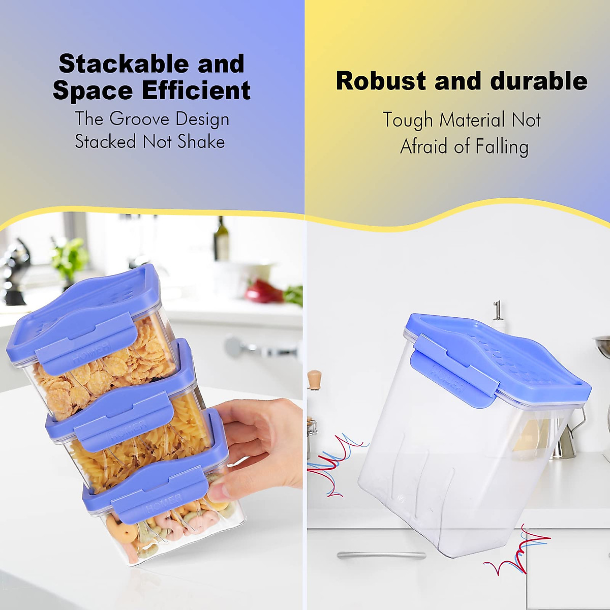 HOMER Airtight Food Storage Containers with Blue Lids - Plastic Airtight Storage Containers for Pantry - 9 PCS BPA Kitchen Organizers for Cereal,Pasta, Flour & Sugar - Labels & Marker