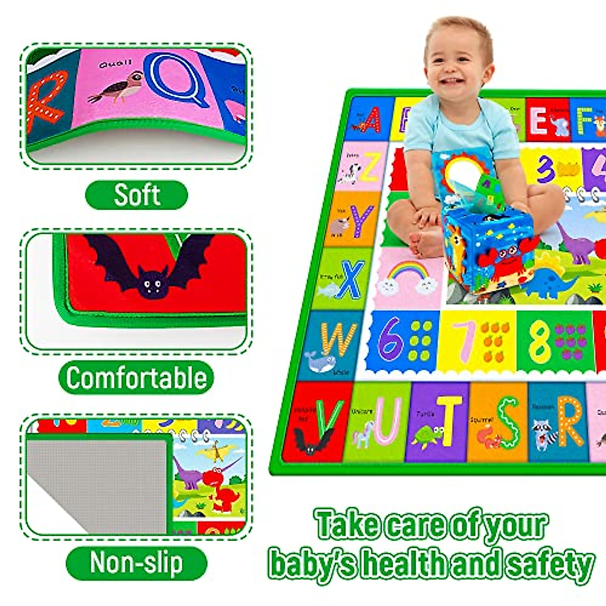beetoy Baby Cotton Play Mat for Floor, Super Soft Extra Thick (0.6cm) Baby Mat, Foldable Non-Slip Baby Crawling Mat for Playing Area Rug Gym Large Padded Tummy Time Mat, ABC Playmat for Infant Toddler