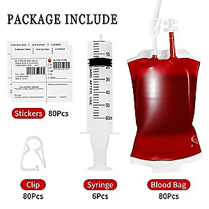 Blood Bags for Drinks, MGparty 80 Packs Blood IV Bags for Halloween Party Decoration Drink Container Juice Pouch Prop for Zombie Vampire Theme Party Props (80pcs Bags, 80 Labels, 80 Clips, 6 Syringes)