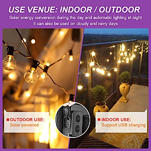JFQSUNSINE Solar String Lights Outdoor, 25Ft 15 LED Bulbs Waterproof G40 Patio Lights, Solar Powered String Lights with USB Charging, 4 Modes for Party Patio Garden Wedding Xmas Decoration