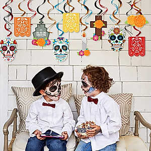 Day of the Dead Hanging Swirl Decorations 30 Ct Día de los Muertos Hanging Ceiling Spirals Decor Sugar Skull Papel Picado Marigold Flowers Cutouts for Mexican Birthday Wedding Halloween Party Supplies
