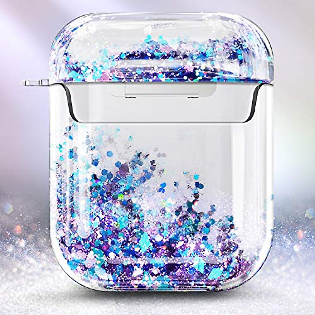 E-Began Glitter Liquid Case Designed for Airpods, Sparkle Flowing Floating Durable Girls Cute Clear Hard Cover Carrying Case Compatiable with Apple AirPods 1st/2nd -Purple/Blue