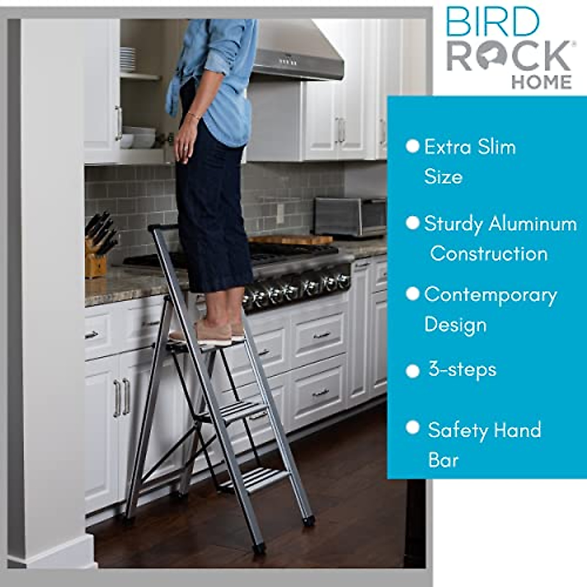 BirdRock Home 3-Step Slim Aluminum Step Ladder - Sturdy Thin Folding Stool - 3 Anti-Slip Steps - Wide Platform - Great for Your Kitchen, Pantry, Closets, or Home Office - Indoor Stool - Silver