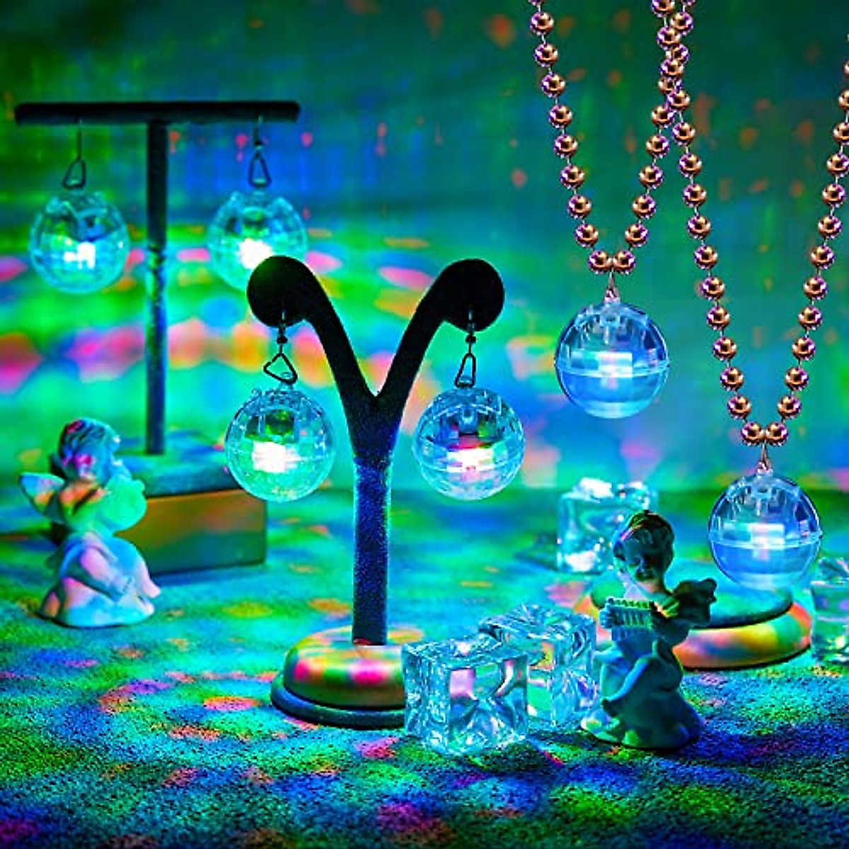 Sasylvia 4 Set LED Disco Party Favors, 2 Pcs Disco Ball Necklaces 70s Disco Party Necklaces 2 Pairs Light up Disco Ball Earrings Disco Ball Accessories for Women Dance Supply Decor