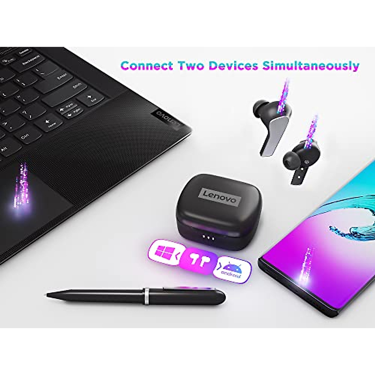 Lenovo Smart True Wireless Earbuds - Smart Switch Fast Pair - Active Noise Cancelling Earphones with Wireless Charging Case - 28 Hrs Playtime Headphones - 6 Built-in Mics - Bluetooth - Black