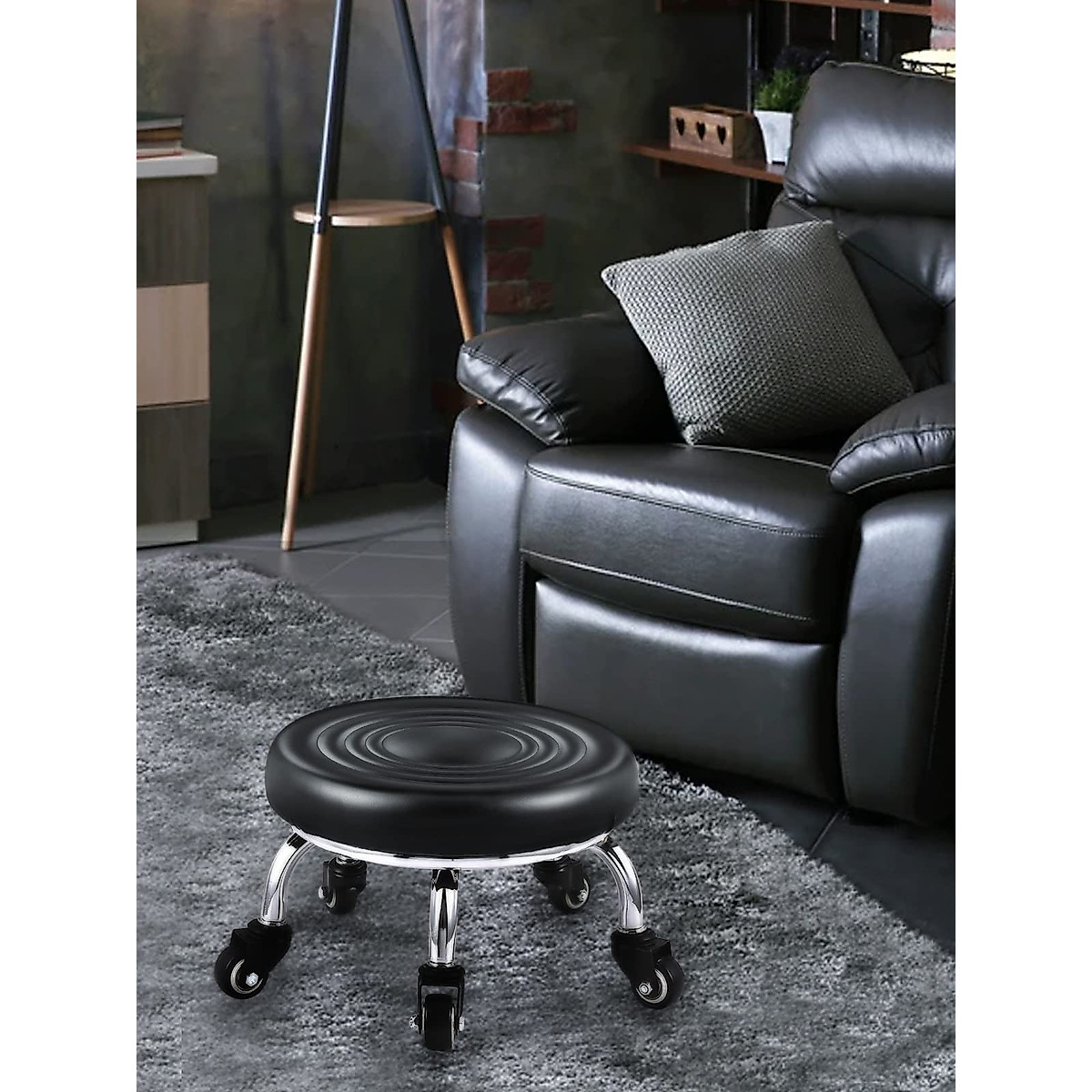Lorvain Low Stool with Wheels, Roller Seat Short Rolling Stools with Universal Swivel Caster Wheels Leather Little Low Small Stools on Wheels for Home Garage to sit on- Black