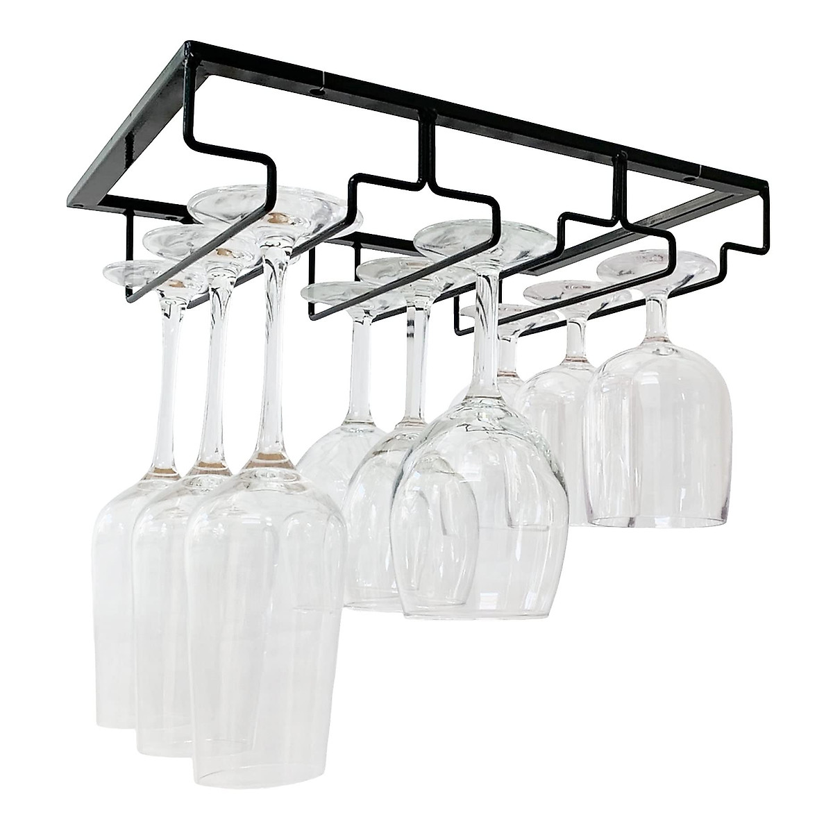 Handy Basix Wine Glass Rack Under Cabinet Wine Glass Holder Stemware Holder, Metal Storage Organizer for Bar Kitchen Cabinet 3 Rows (Black 1 Pack)