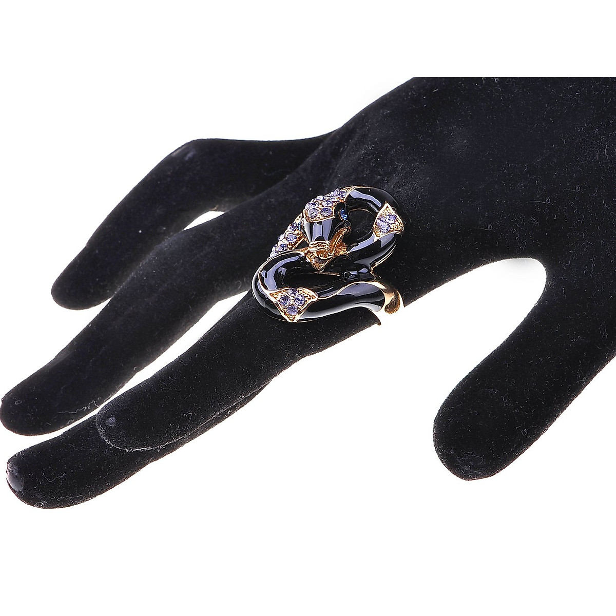 Alilang Black Enamel Body Purple Crystal Rhinestone Serpent Snake Fashion Sized Ring, Size 6