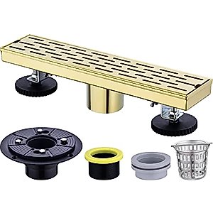TRUSTMI Linear Shower Drain 12 Inch with Removable Brickwork Pattern Grate, Adjustable Feet Rectangular Floor Drain with Hair Catcher and Shower Drain Base Flange, Brushed Gold
