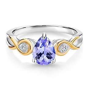 Gem Stone King 925 Sterling Silver and 10K Yellow Gold Pear Shape Blue Tanzanite and White Lab Grown Diamond Women Ring (0.81 Cttw, Gemstone Birthstone, Available In Size 5, 6, 7, 8, 9)