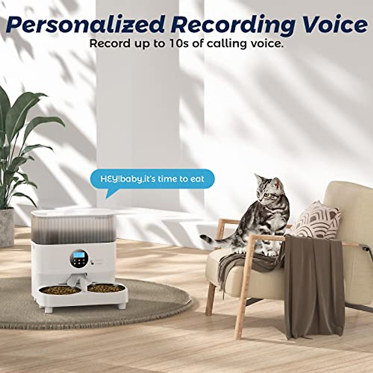 Sobralik Elevated Automatic Cat Feeder for Two Cats, 5L Dry Food Dispenser with Splitter and Two Stainless Bowls, 4 Meal Per Day and Portion Control, 10s Voice Recorder, Dual Power Supply