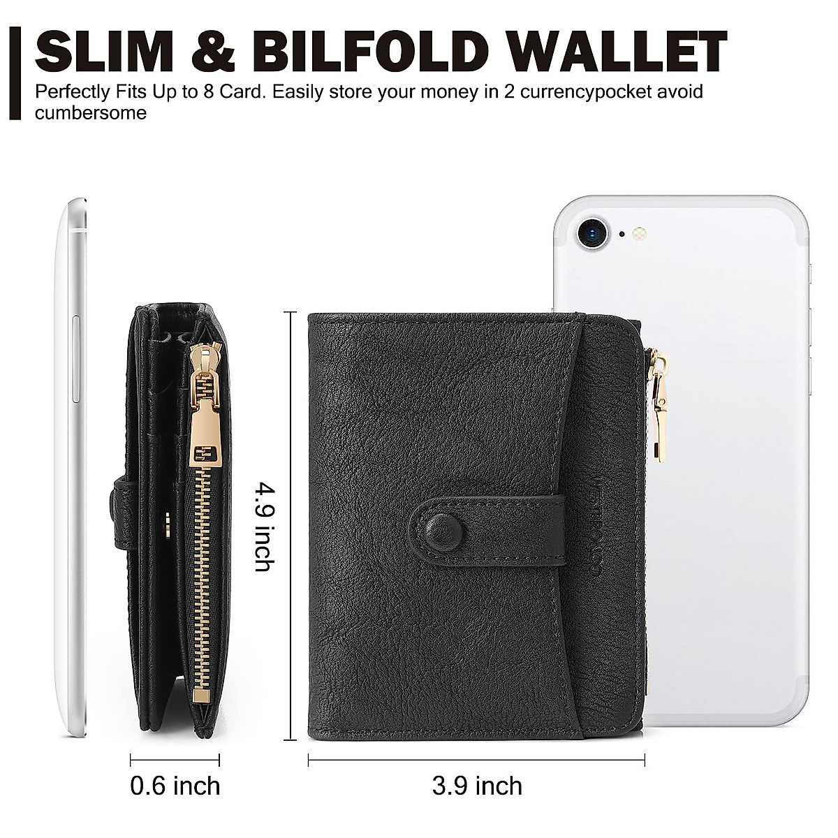 WESTBRONCO Small Wallets for Women Slim Bifold Credit Card Holder Vegan Leather Compact Card Case with Photo Slot Black