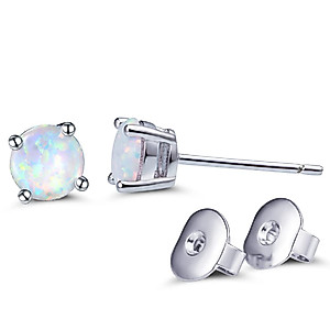 Minkaa Daisy Opal Stud Earrings 6mm Round Sterling Silver - October Birthstone - Skin-Friendly Unisex Opal Earrings Studs - Earrings for Women & Men - 4 Prong Setting Gem Earrings, Gold - Opal