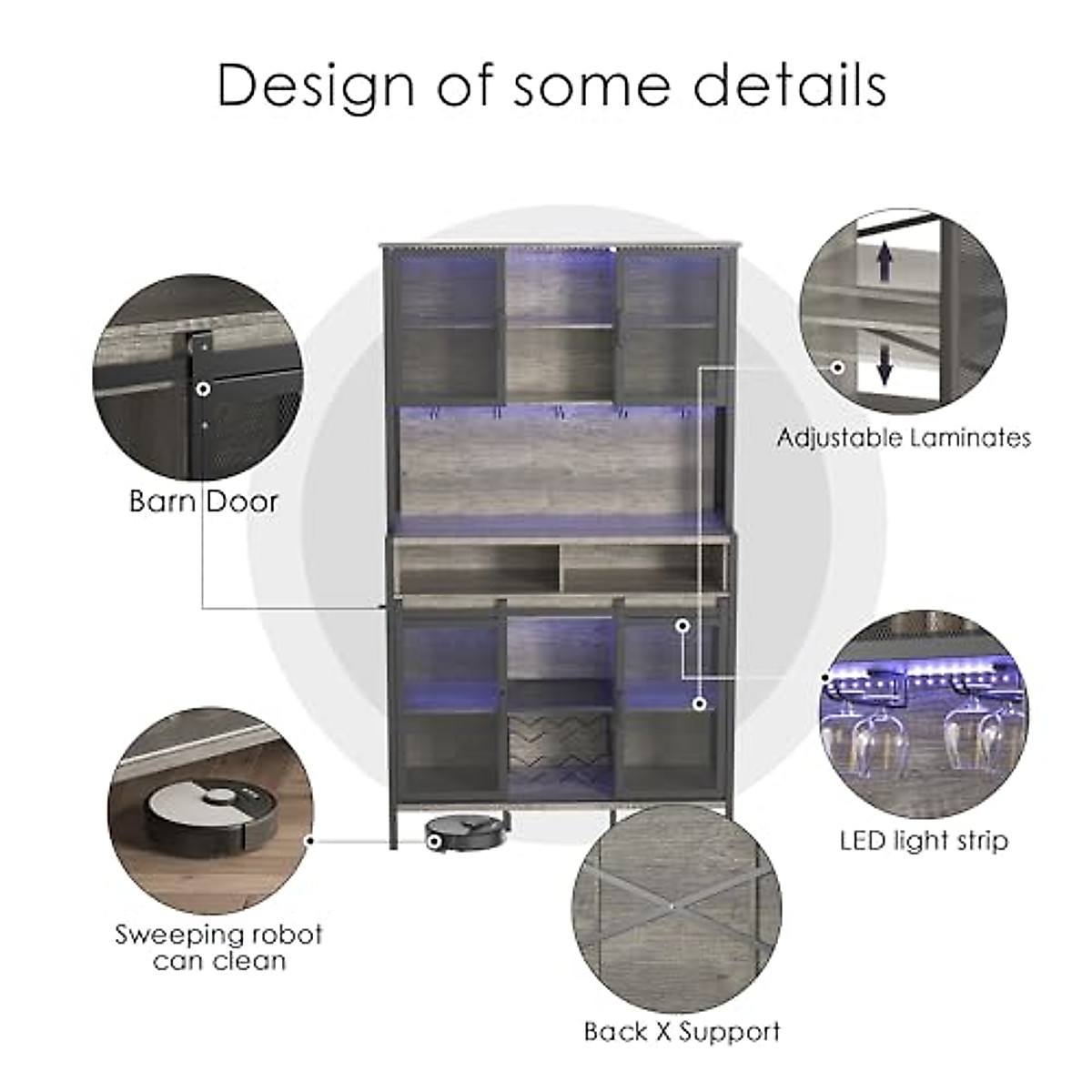 QNICE 71" LED Lights Industrial Kitchen Hutch Cabinet/Dining Room Hutch with Sliding Barn Door/Freestanding Kitchen Pantry Cupboard with Wine Rack/Dark Rustic Oak