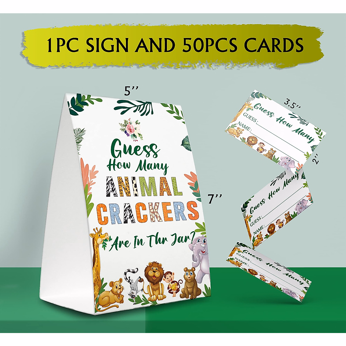 Woodland Animals Baby Shower Guess How Many Animal Crackers Game Sign,Woodland Baby Shower Kit (1 Standing Sign + 50 Guessing Cards) Greenery，Jungle Baby Shower Sign-H01