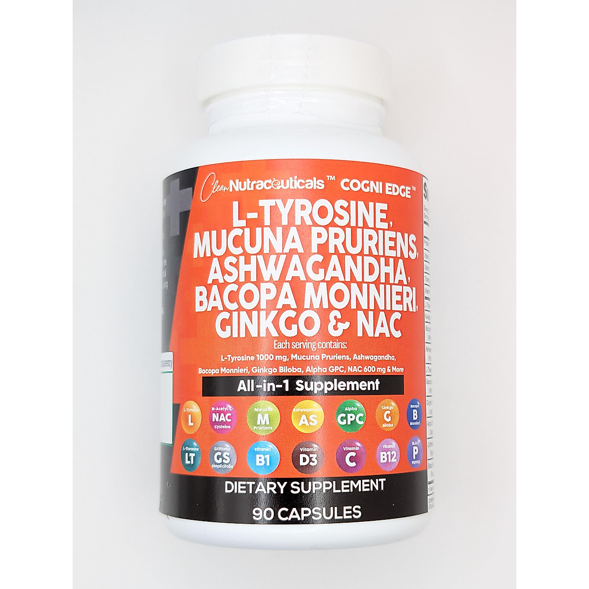 Clean Nutraceuticals L Tyrosine Mucuna Pruriens Bacopa Monnieri Ashwagandha Focus Supplement w/N-Acetyl Cysteine NAC 5-HTP Ginkgo Biloba Alpha GPC Vitamin C D B1 B12