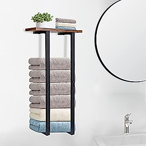 Towel Rack with Wooden Shelf - Metal Towel Racks for Bathroom Wall Mounted, Durable Wall Towel Holder for Rolled Towels Bath Towel Washcloths Spa Small Hand Towels