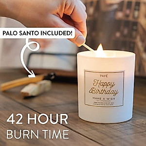 PAYÉ Happy Birthday Candle Gift 100% Hand Poured Soy Wax All Natural Vanilla Birthday Cake Fragrance - Large 10oz White Glass Jar - Wooden Lid - Gift for Women and Men - Handmade - 42 Hour Burn