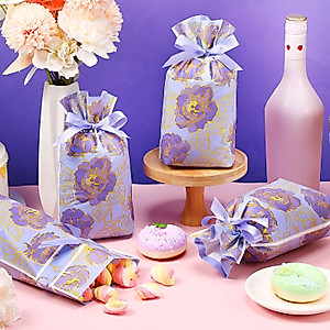 Pasimy 50 Pcs Purple Rose Gift Bags Purple Drawstring Bags Flower Candy Bags Gold Purple Plastic Treat Bags Purple Flower Favor Bags for Women Girl Birthday Party Supplies