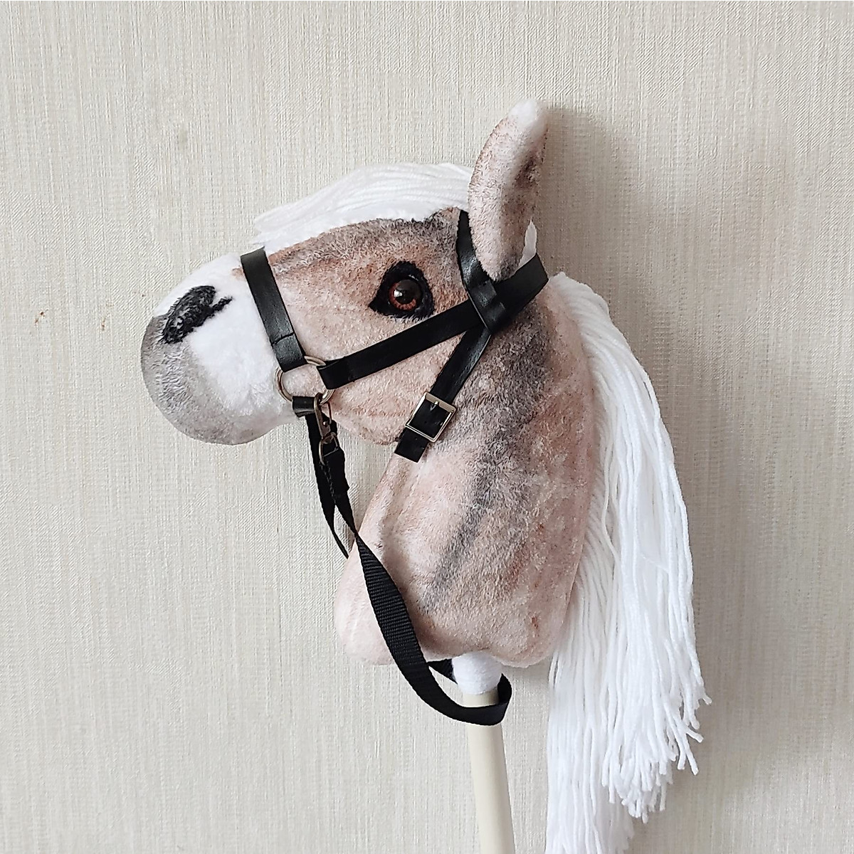 Cute realistic hobby horse on a stick with bridle - Plush hobbyhorse