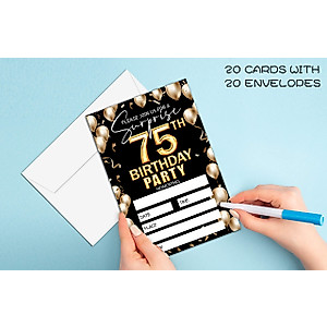 Keydaat 75th Birthday Invitation - Black And Gold Birthday Invite - Birthday Invite Ideas For Adult Woman and Man - 20 Fill-in Invitation Cards With 20 Envelopes -TH014