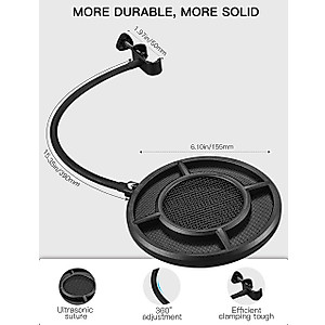 Mic Pop Filter, Professional Metallic Mic Pop Filter Mesh for Blue Yeti and Any Other Mic, ARISEN Dual Layered Microphone Pop Filter, Mic Filter with A Flexible 360° Gooseneck Clip Stabilizing Arm