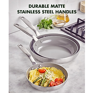 GreenPan Chatham Tri-Ply Stainless Steel Cookware Healthy Ceramic Nonstick 8" 10" and 12" 3 Piece Frying Pan Skillet Set, PFAS-Free, Multi Clad, Induction, Dishwasher Safe, Oven and Broiler Safe